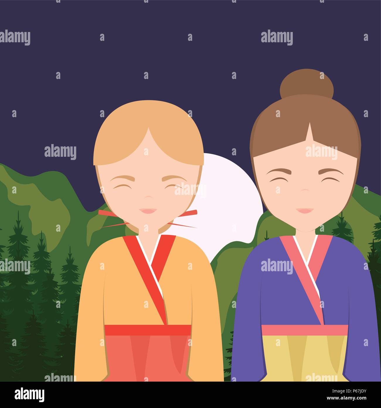 asian girls wearing a traditional clothes over landscape background ...
