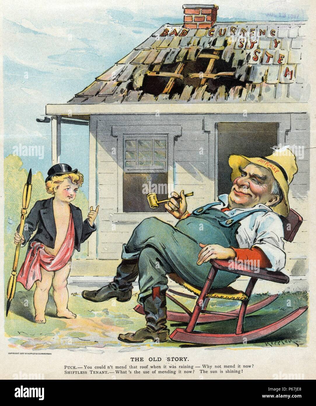 The old story' Puck holding a lithographic pen, talking to President ...