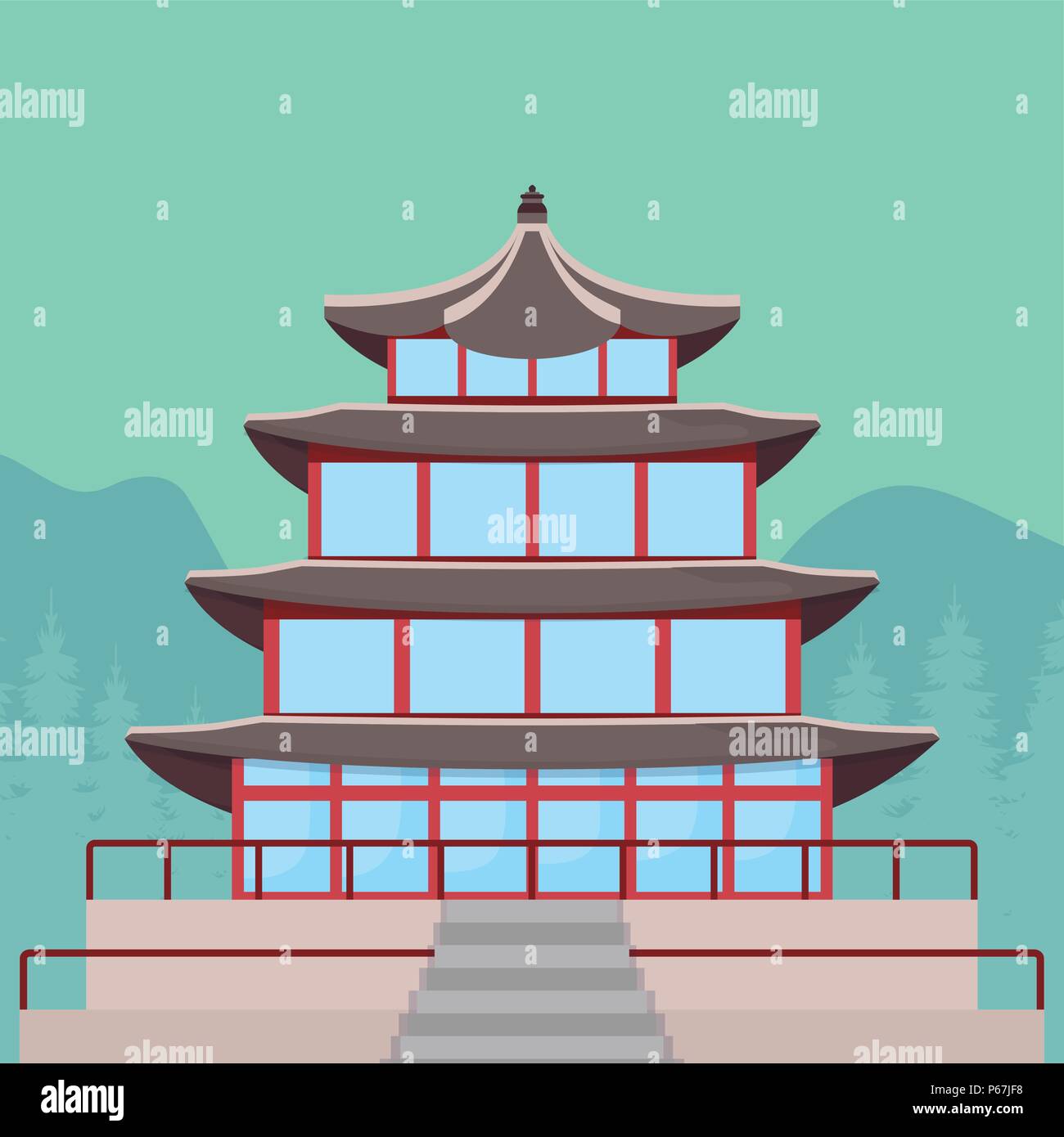 Iconic Asian palace over blue background, colorful design. vector ...