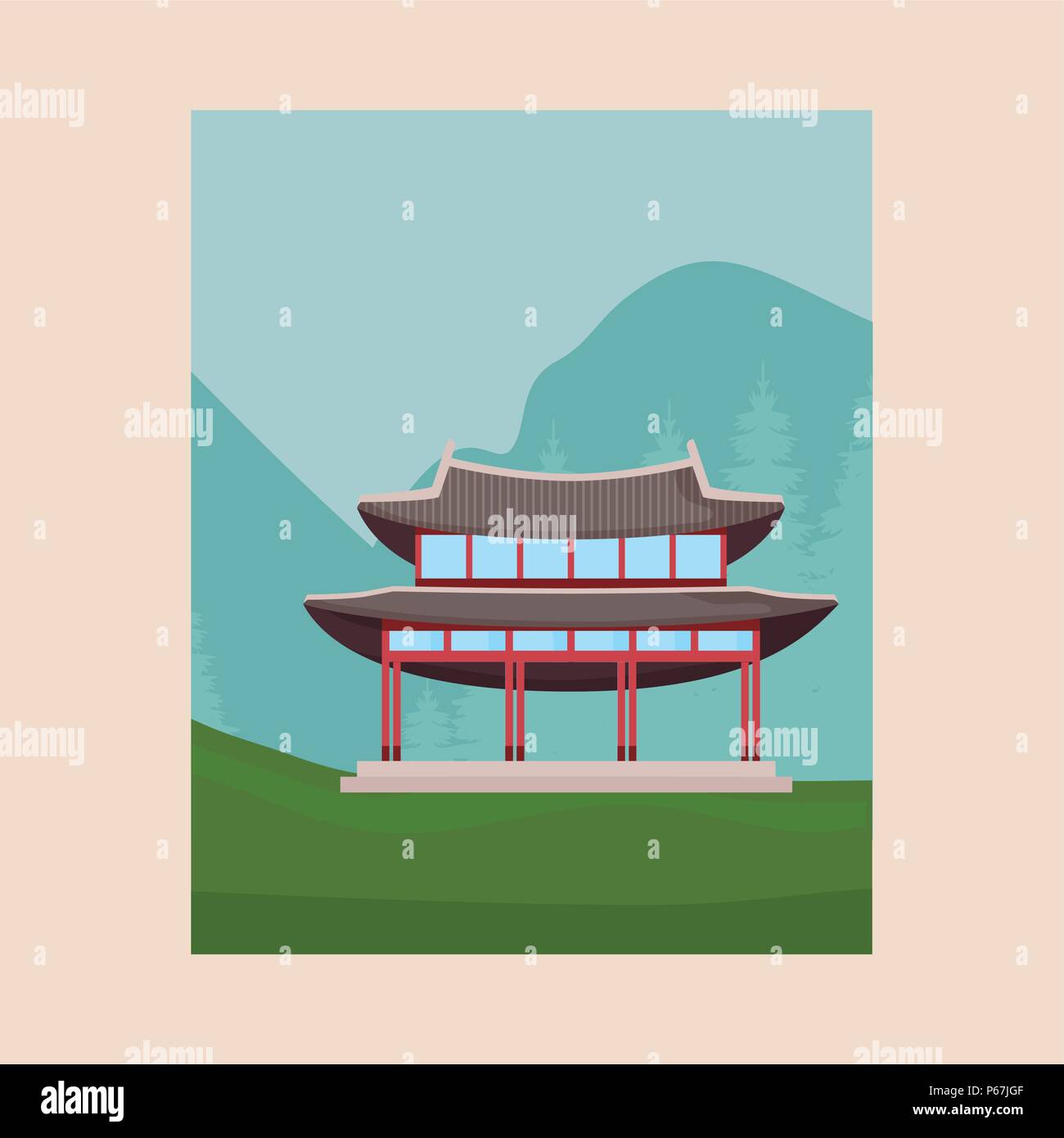 Iconic Asian palace over mountains landscape background, colorful ...