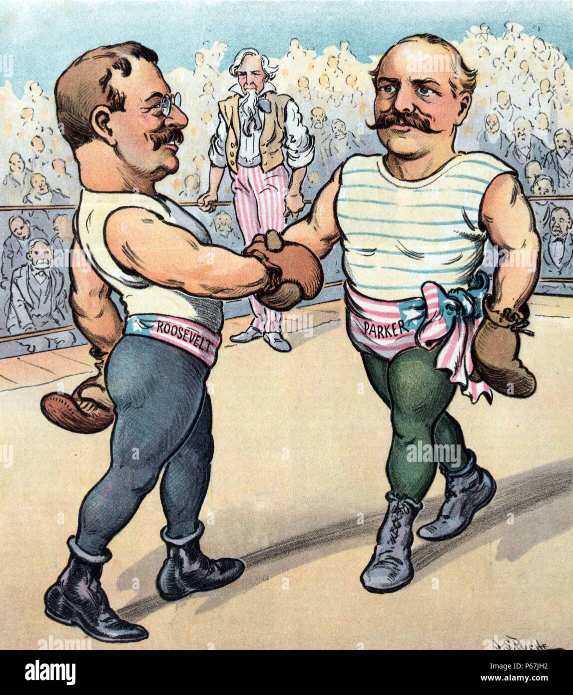 Time!' President Theodore Roosevelt and Alton B. Parker as boxers in a ...
