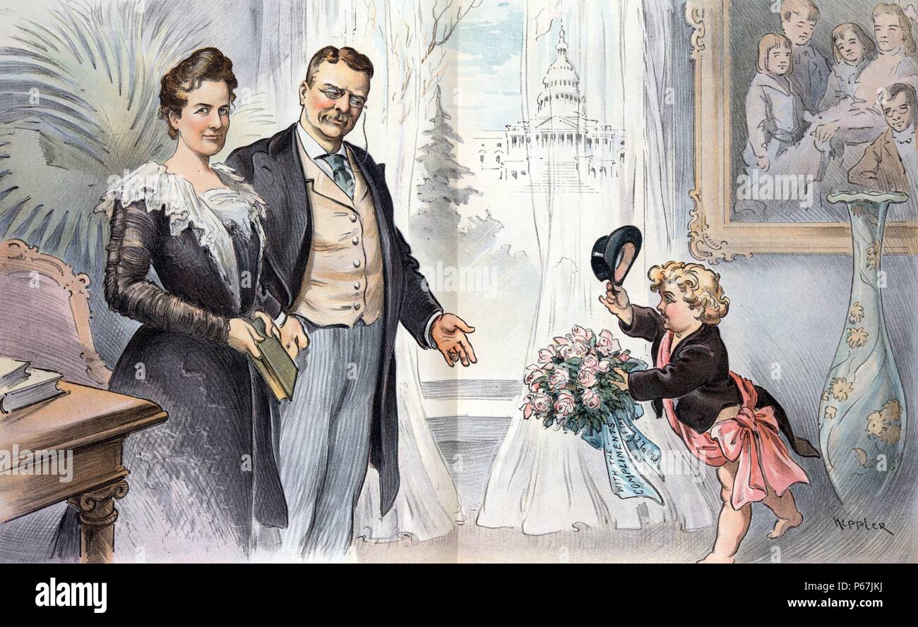 Many happy returns of the day' Puck giving a bouquet of roses labelled ...