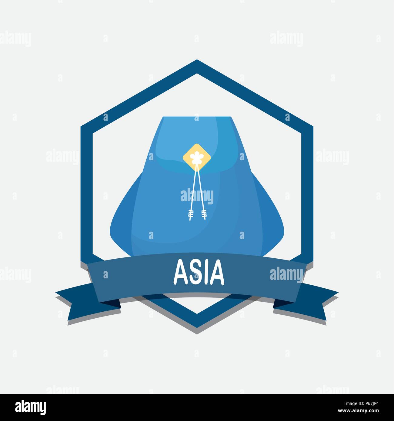 Asia emblem with decorative ribbon and backpack over white background ...