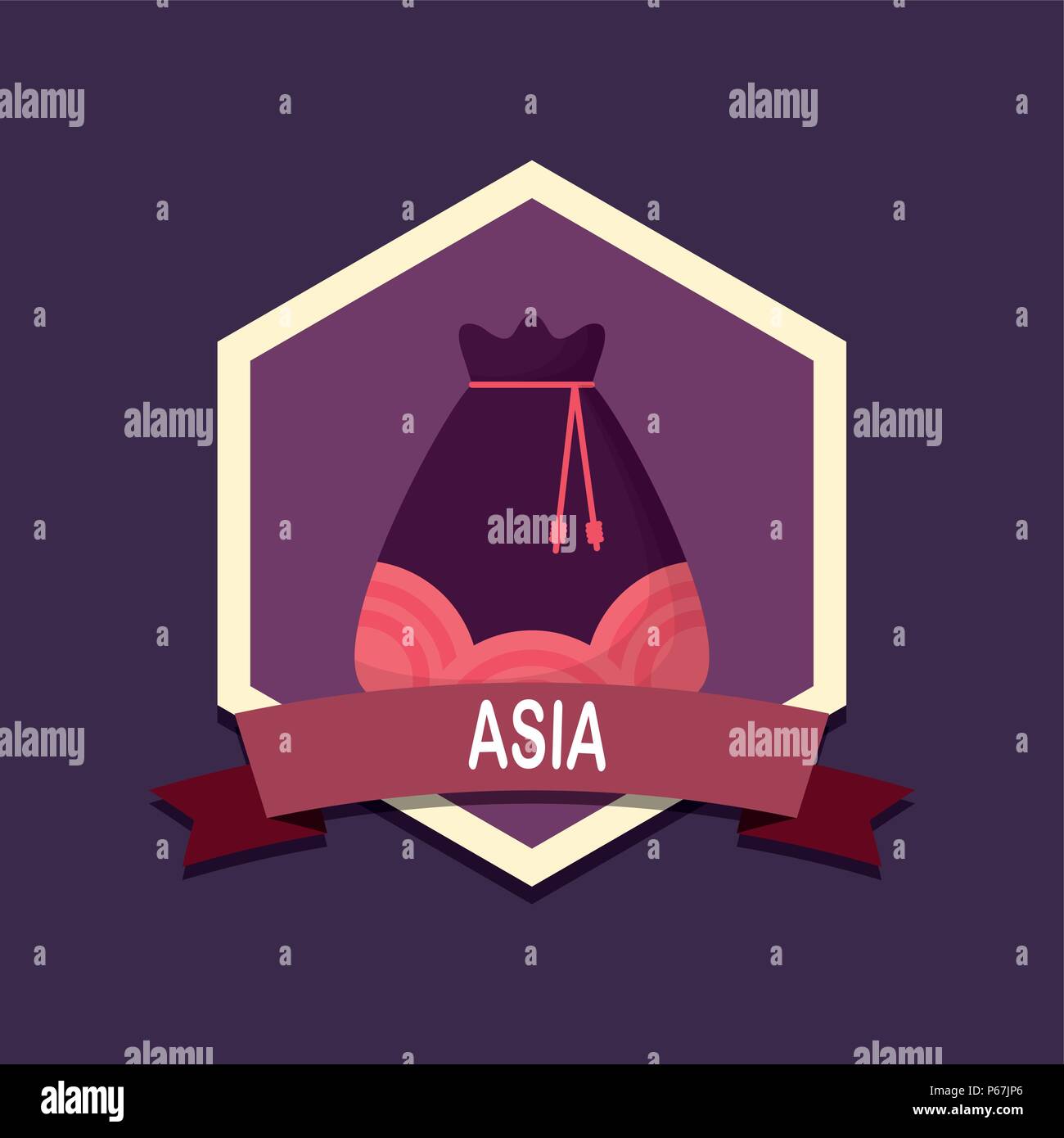 Asia emblem with decorative ribbon and lucky bag icon over purple ...