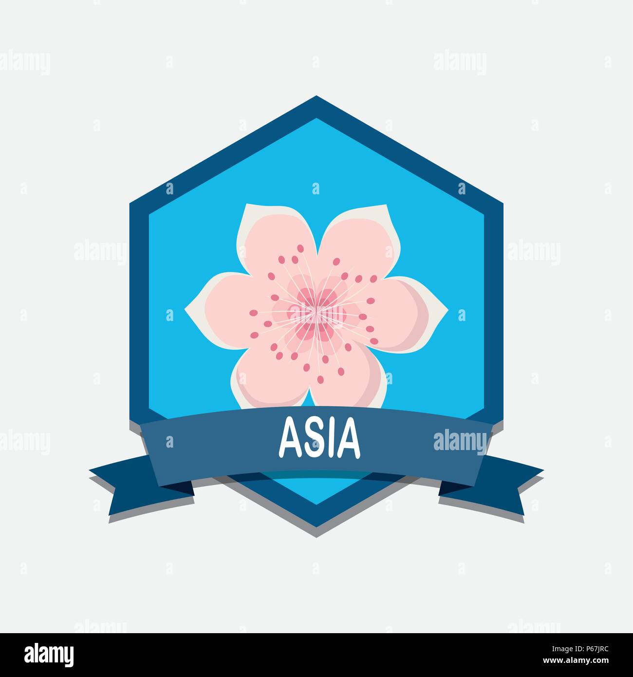 Asia emblem with decorative ribbon and blossom flower over white ...