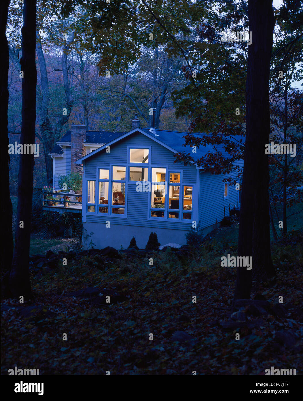 Exterior view of private residence in Sherman Connecticut at dusk. USA ...