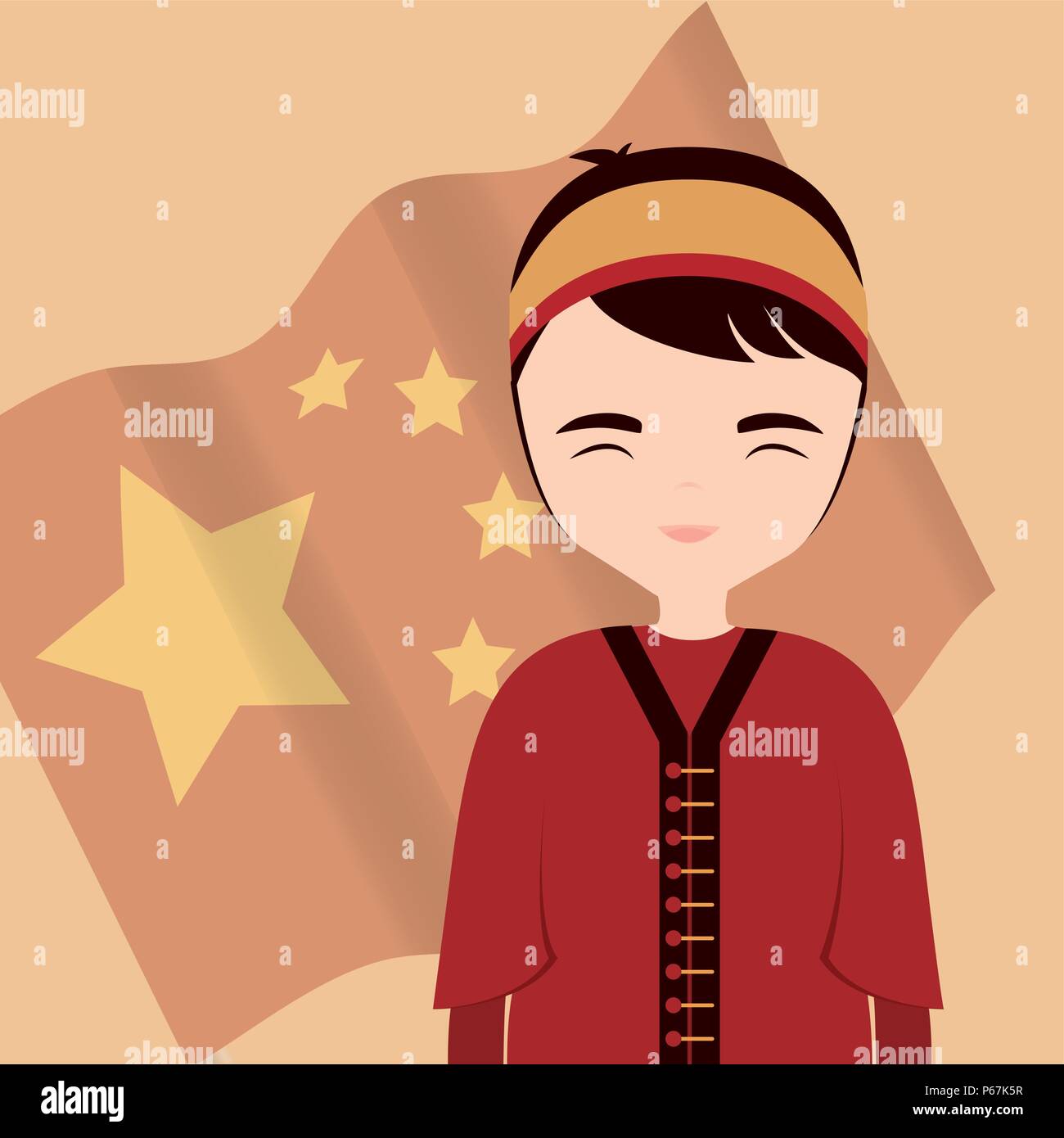 chinese man with traditional costume over chine flag and orange ...