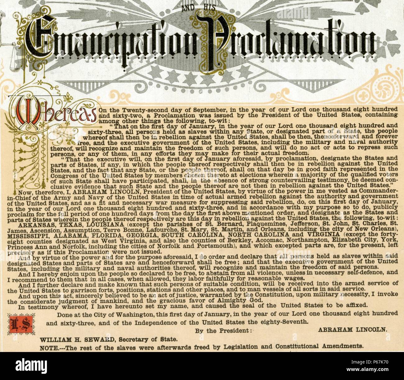 text of Emancipation Proclamation; with two U.S. flags and eagle over ...