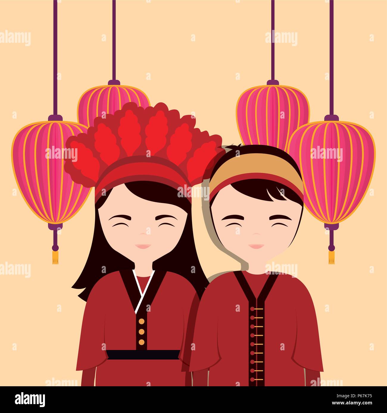 cartoon couple with traditional costume of taiwan over orange ...