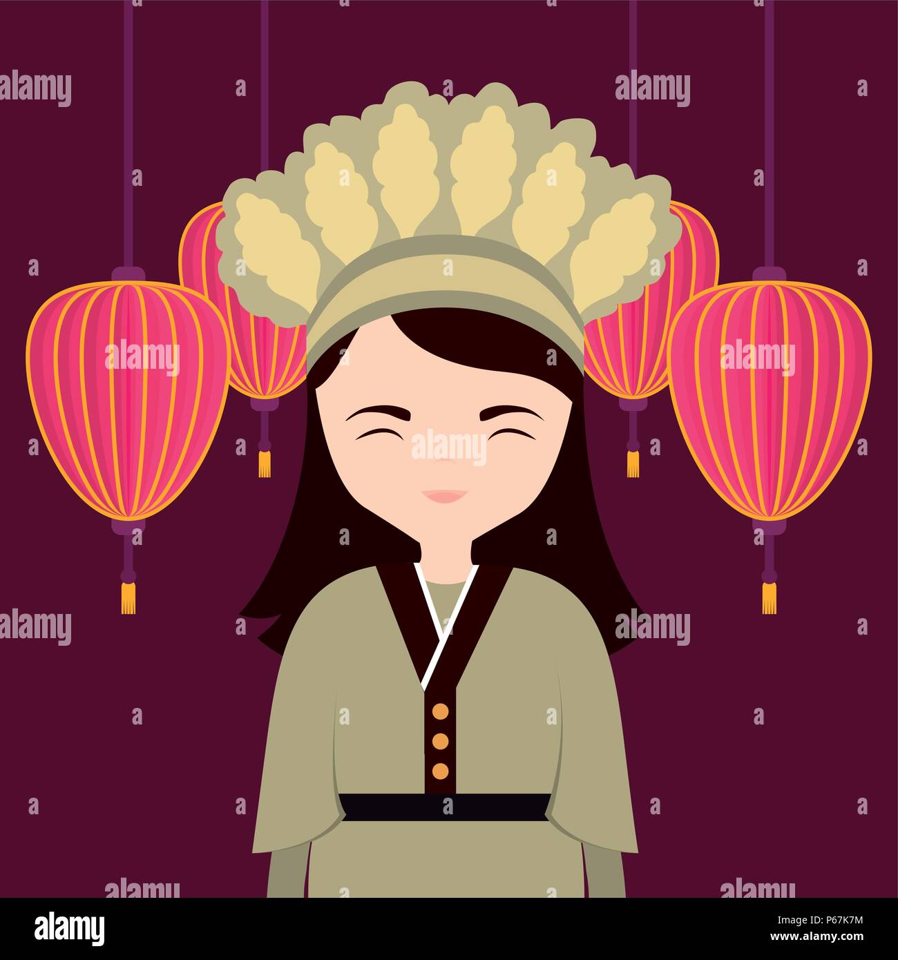 cartoon woman with traditional taiwan costume over purple background ...