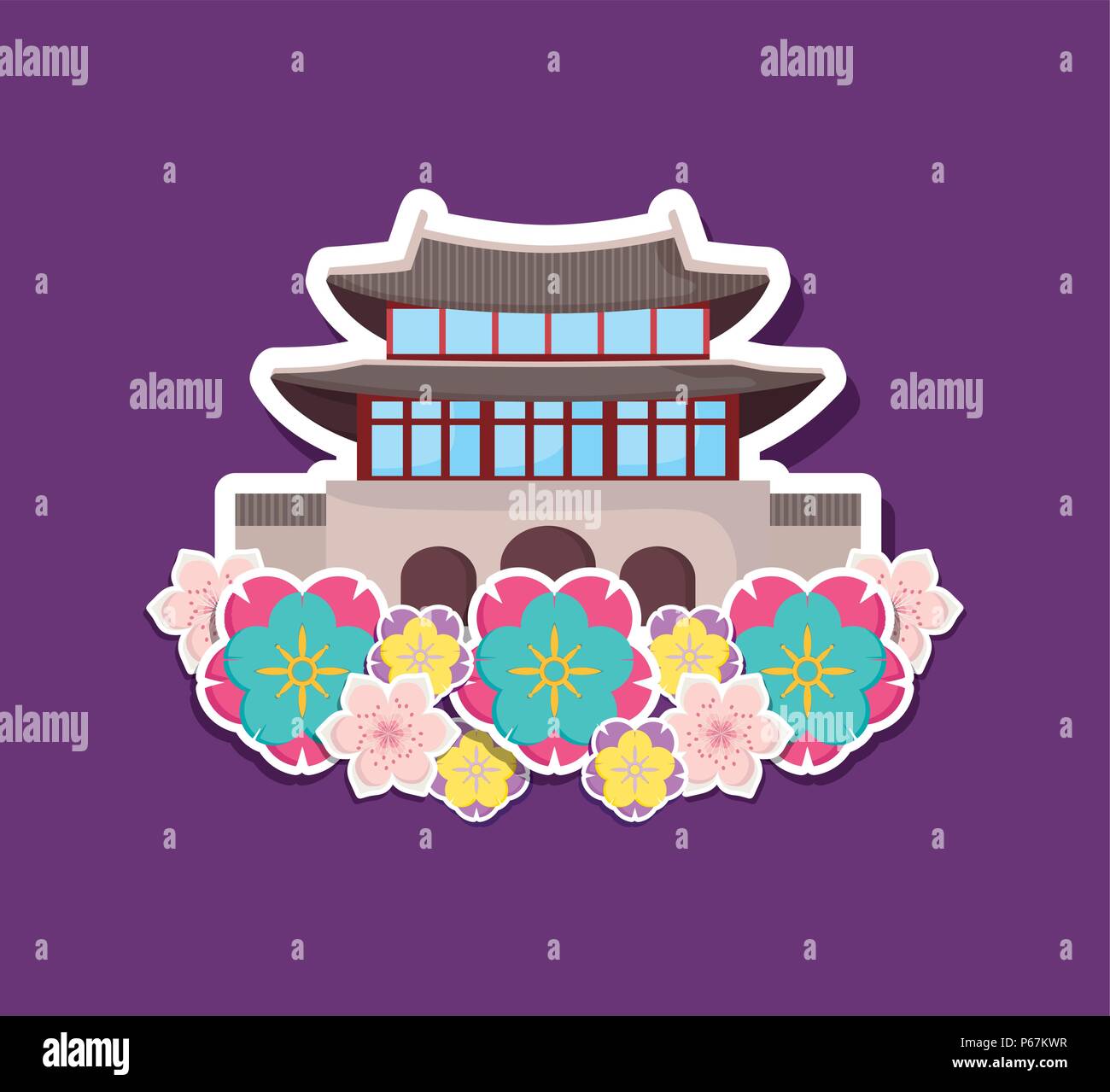 beautiful flowers with iconic building of asia over purple background ...