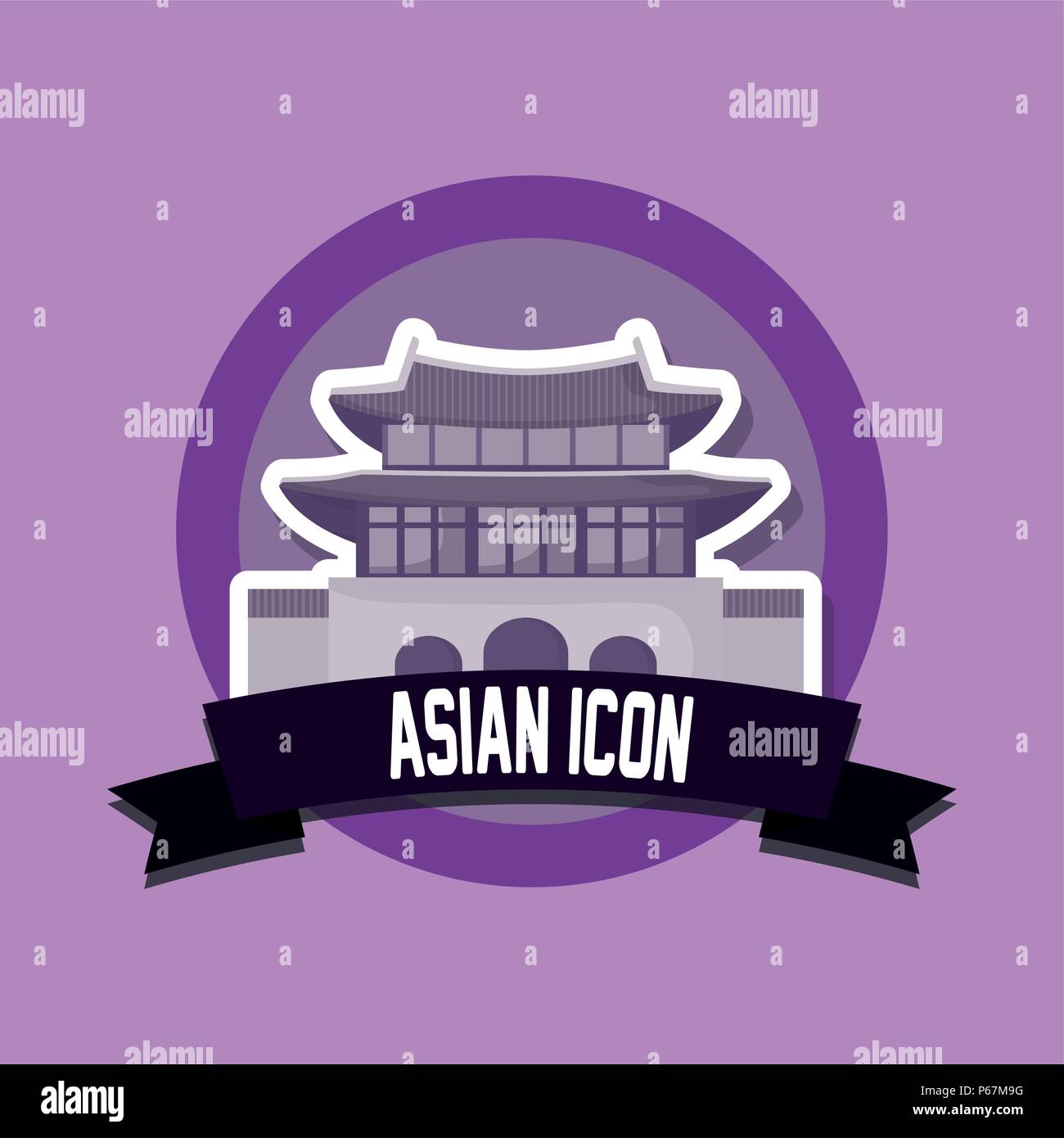 emblem with decorative ribbon and iconic palace of asia over purple ...