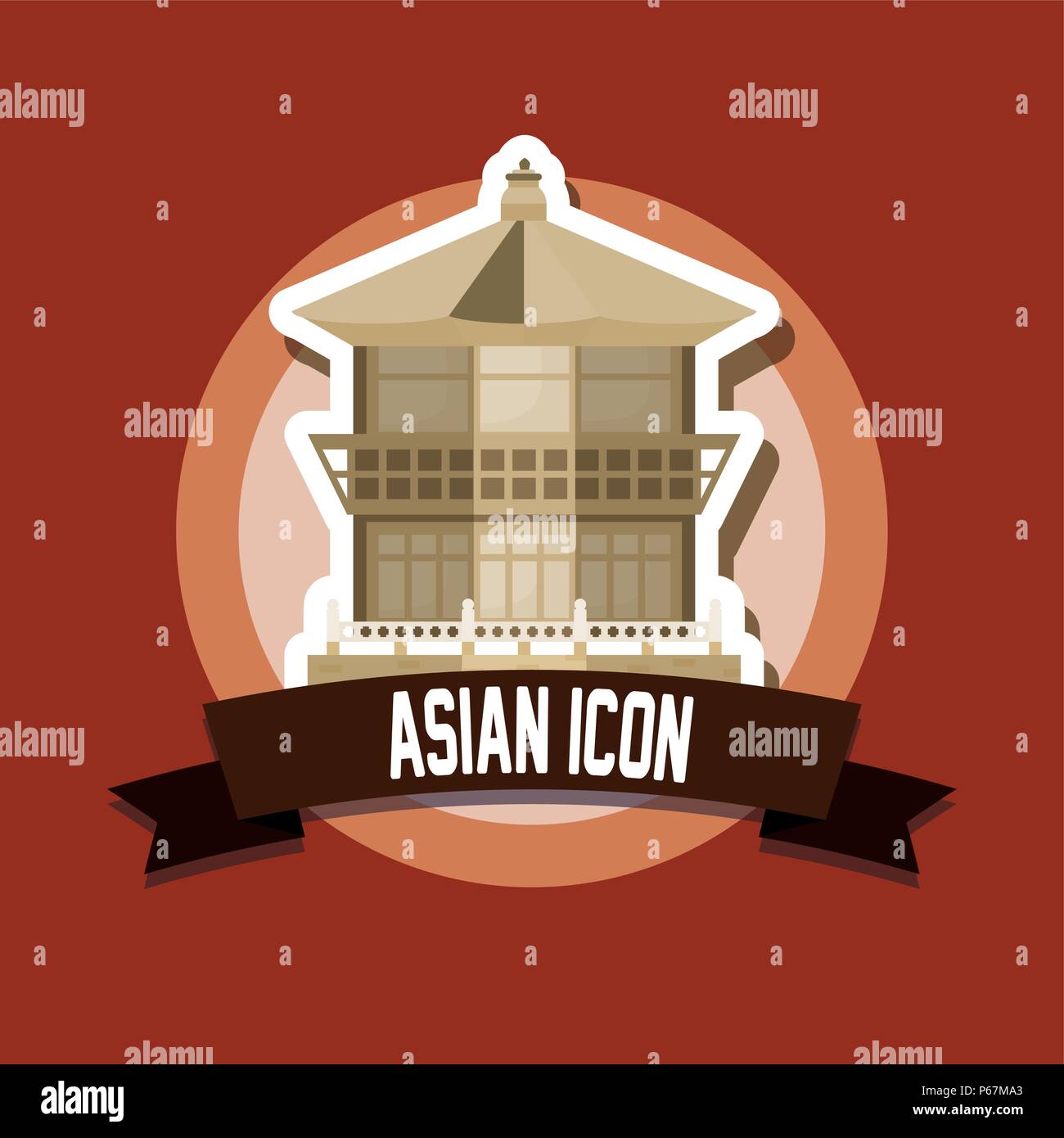 emblem with decorative ribbon and iconic palace of asia over red ...