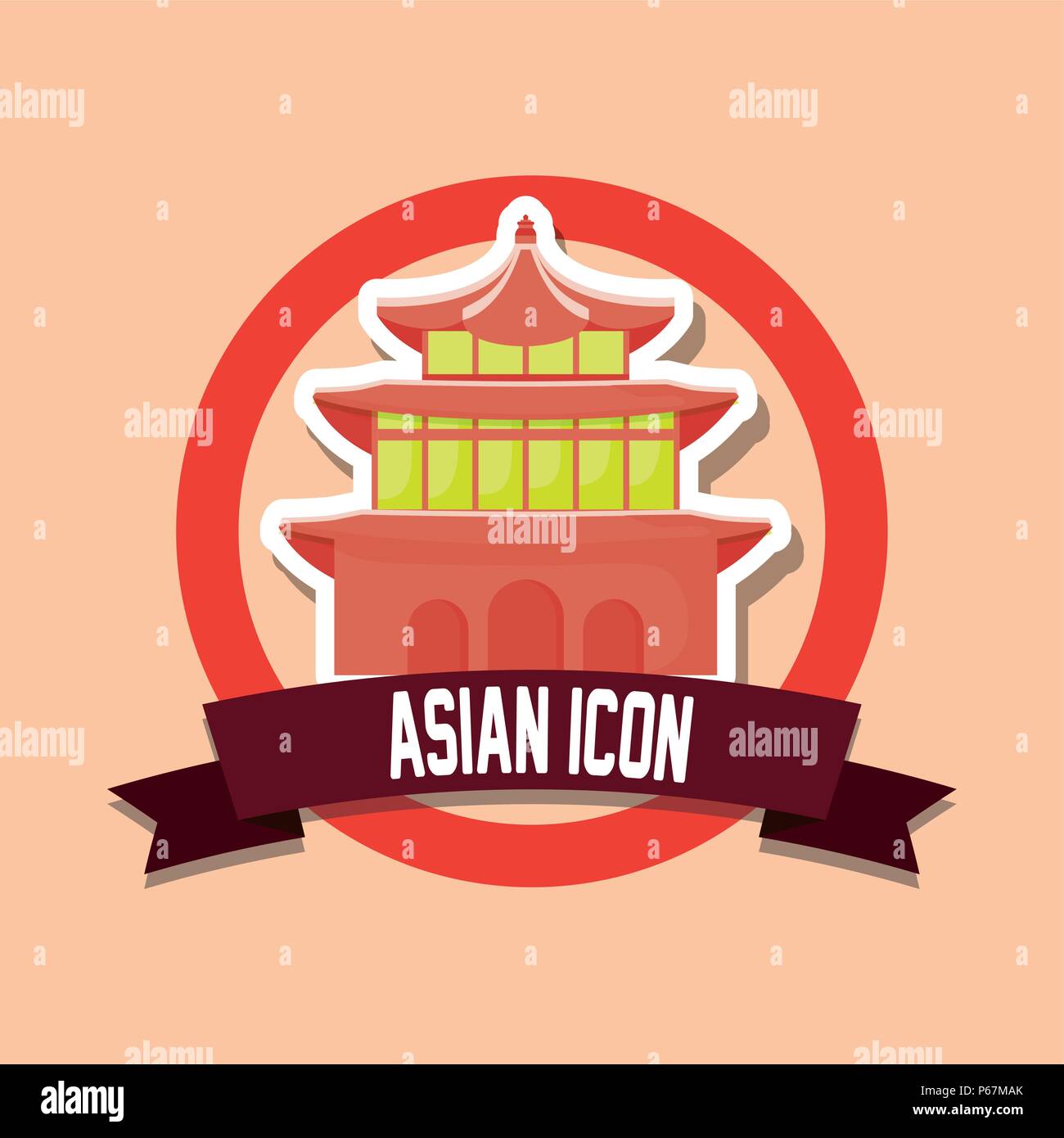 emblem with decorative ribbon and iconic palace of asia over orange ...