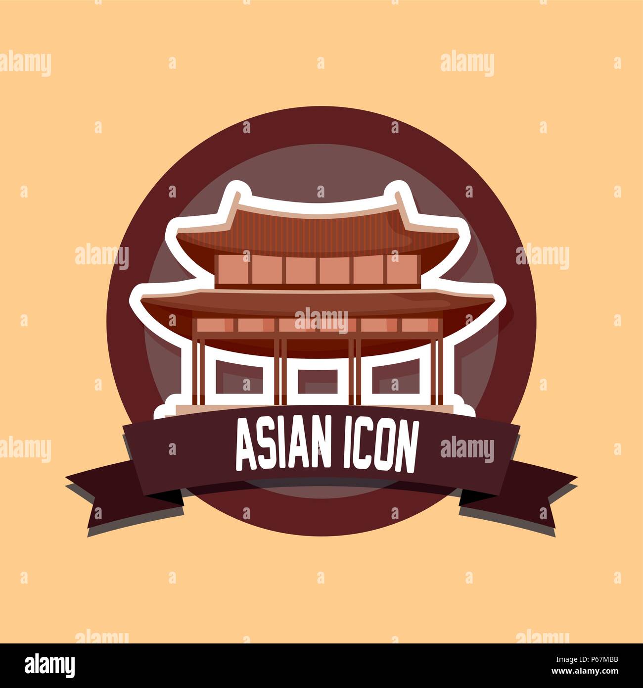 emblem with decorative ribbon and iconic palace of asia over yellow ...