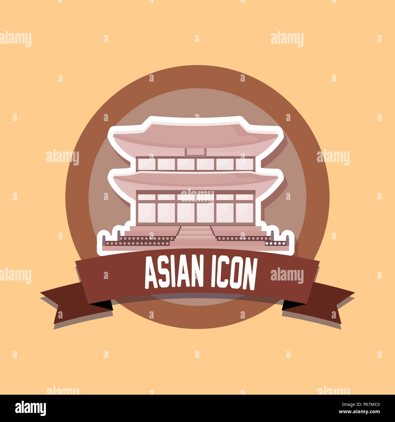 emblem with decorative ribbon and iconic palace of asia over yellow ...