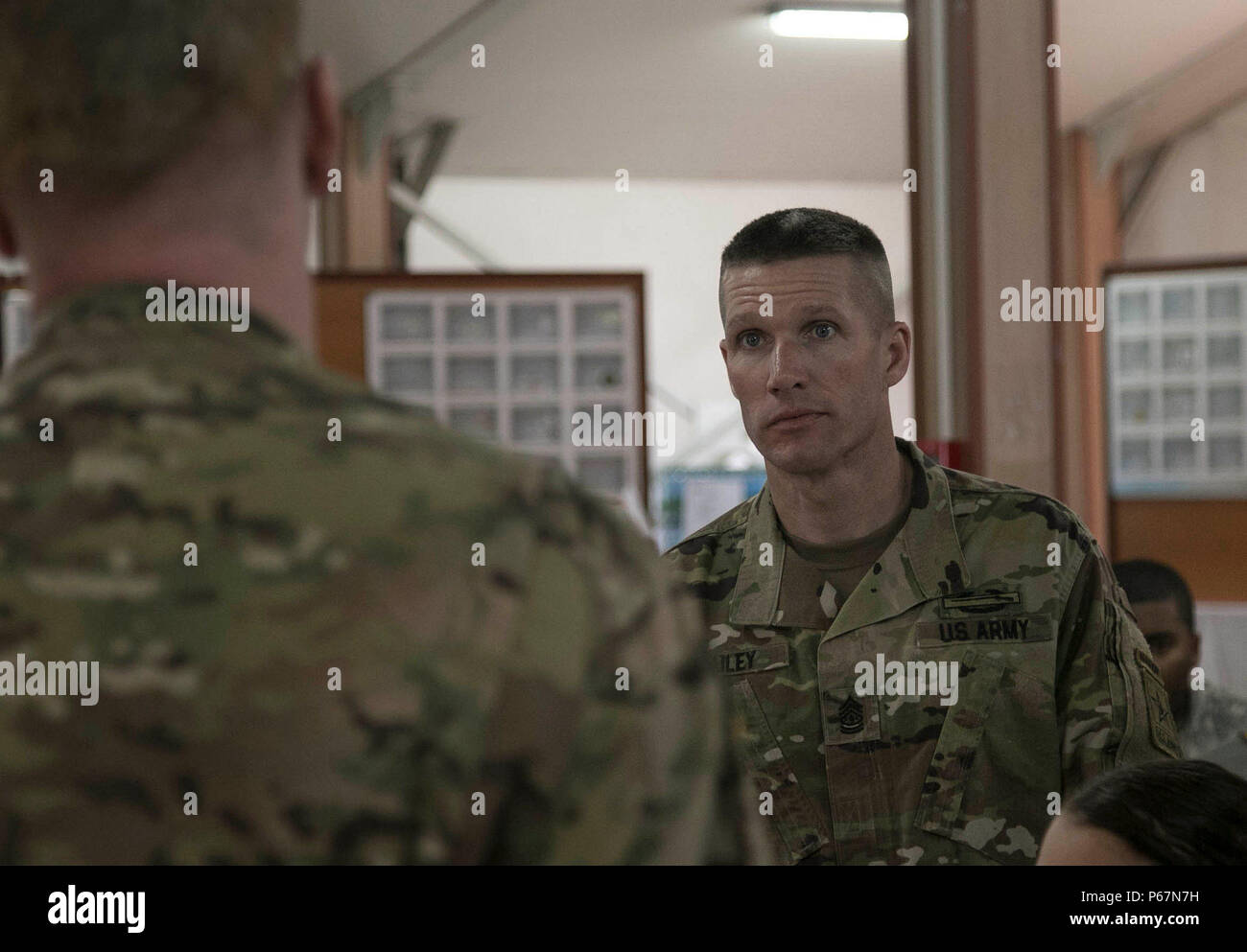 Sergeant Major of the Army Daniel A. Dailey discusses the future of the Army with soldiers at a ...