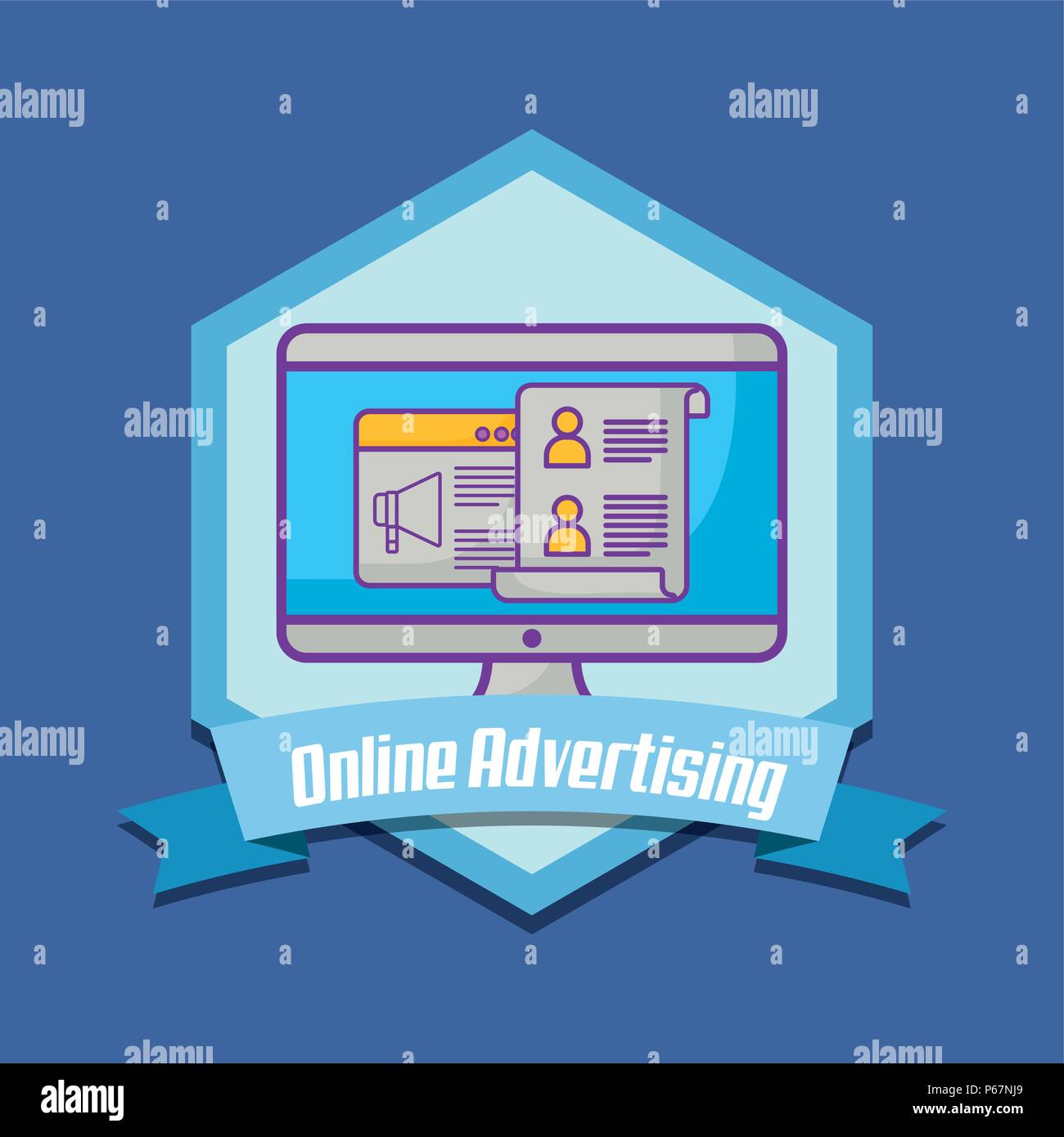 online advertising emblem with computer icon over blue background ...