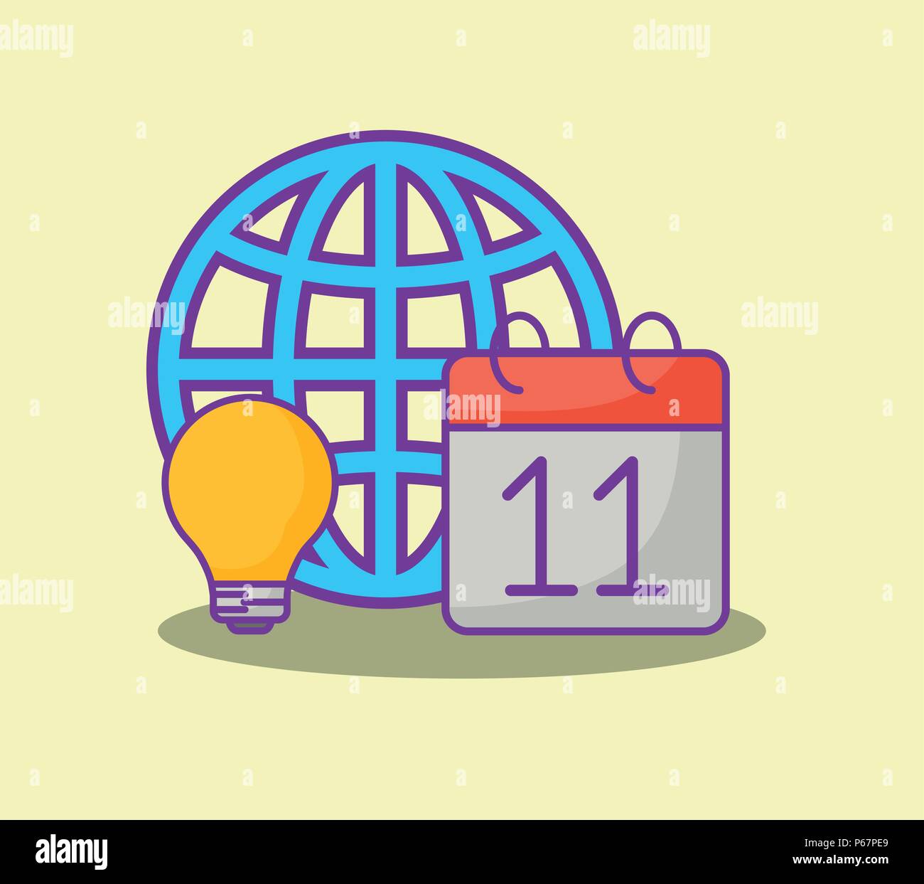 calendar and global sphere icon over yellow background, colorful design ...