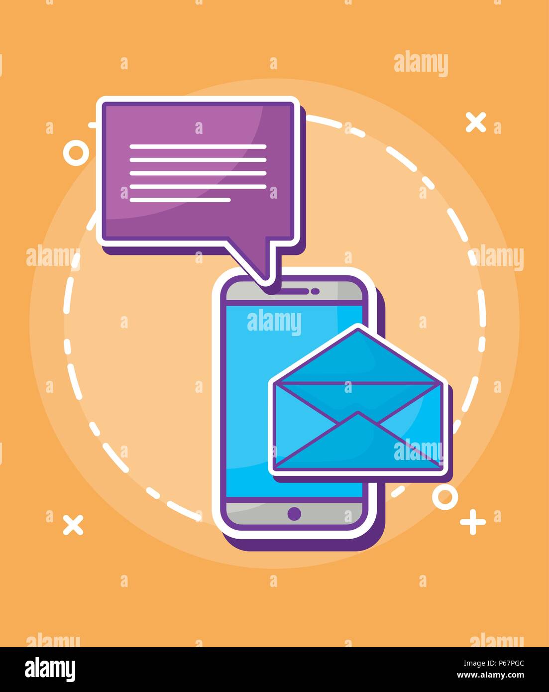smartphone and envelope icon over orange background, colorful design ...