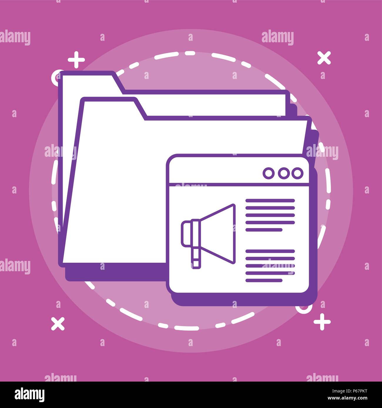 document folder and web interface icon over purple background, colorful ...