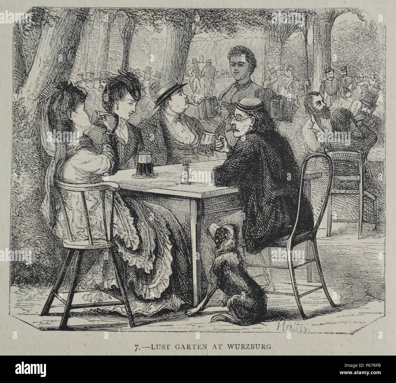 Engraving depicts a scene with upper-class members drinking beer in the ...