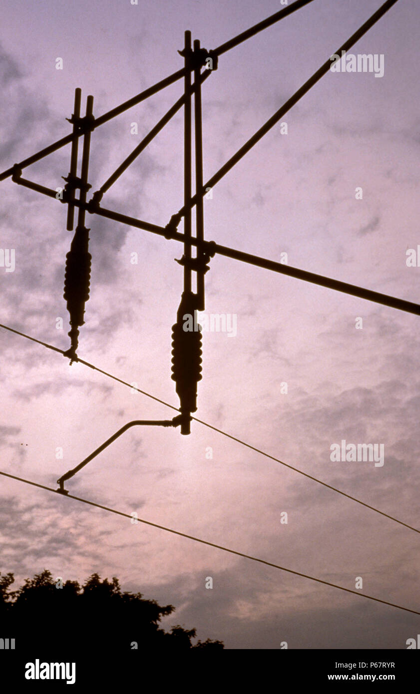 Overhead lines and insulators c1998 Stock Photo - Alamy