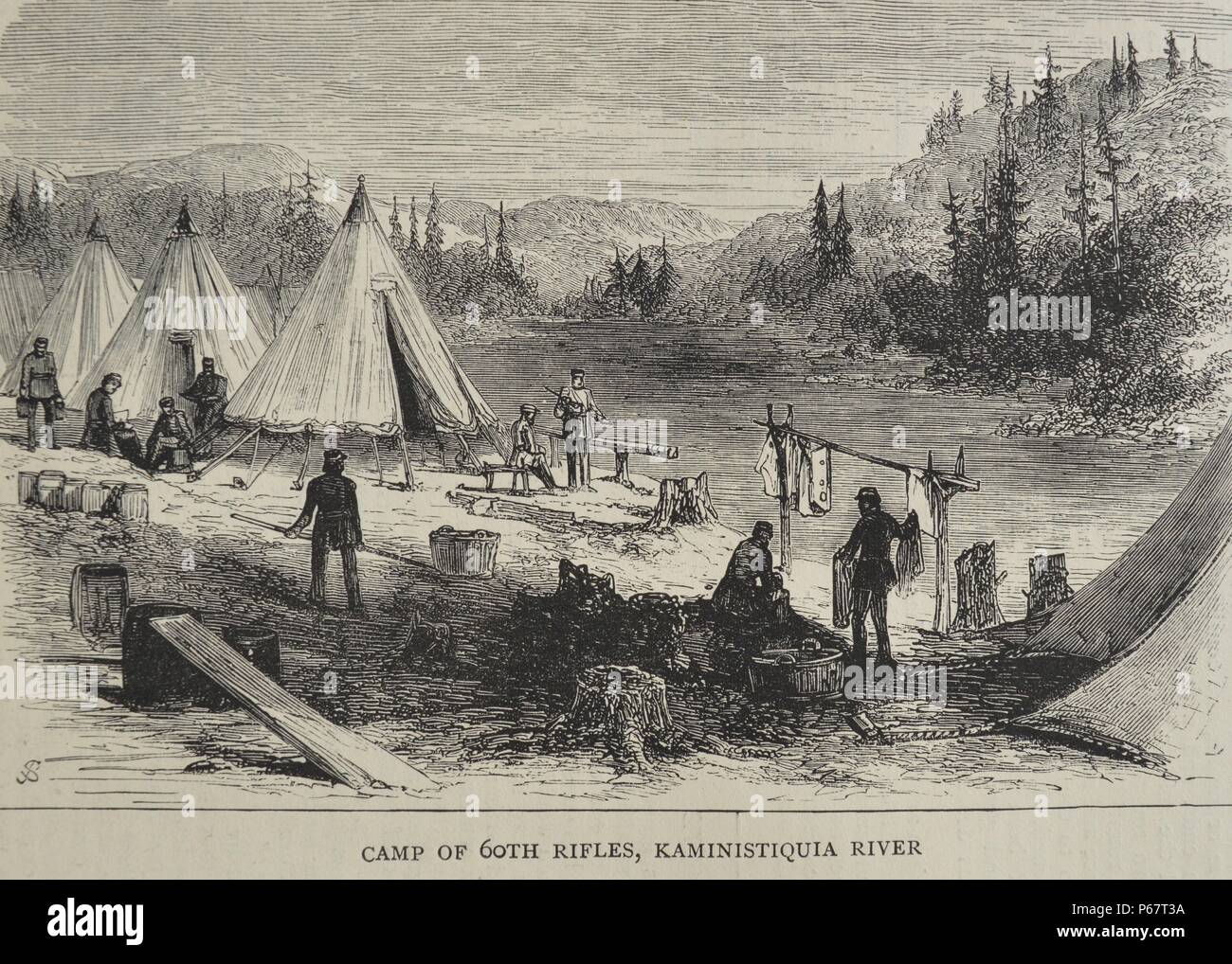 Engraving depicts the camp of the 60th Rifles at the Kaminstiquia River ...