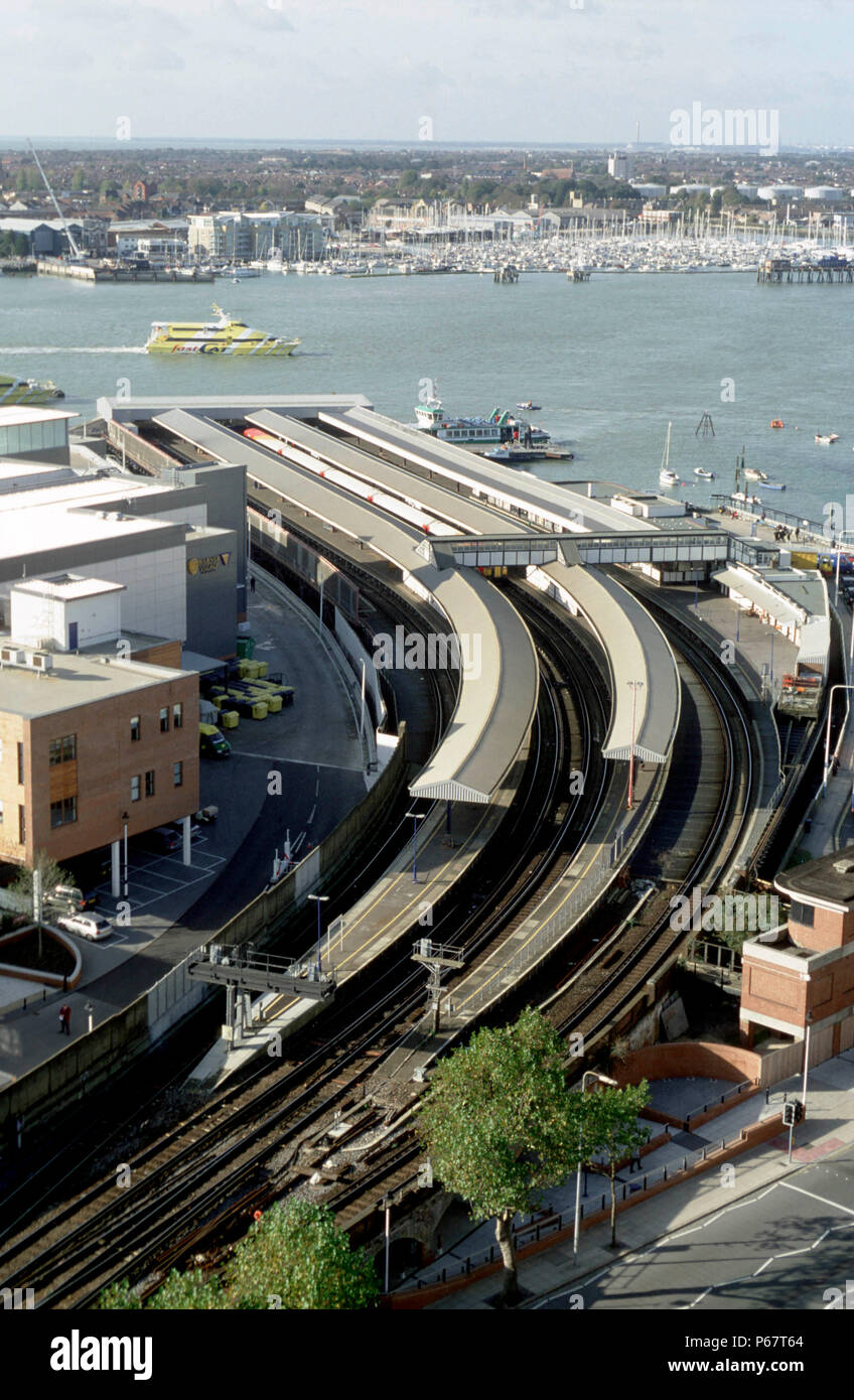 Portsmouth Harbour rail station from the air with the dockyard and the ...