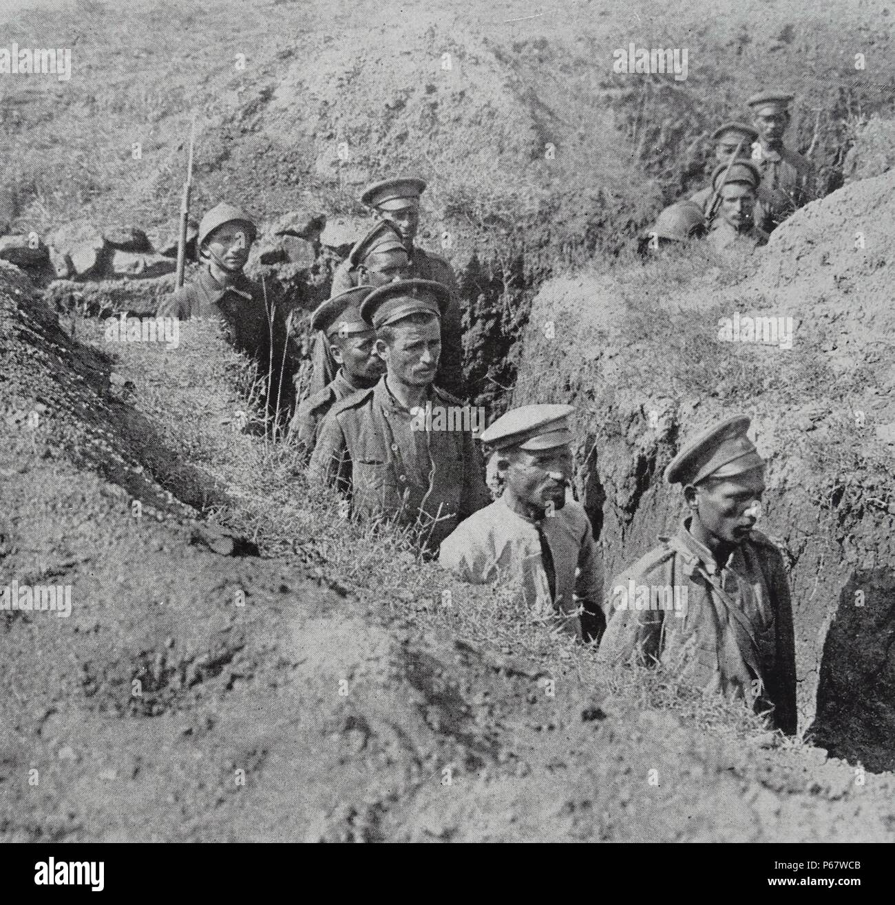 Greek soldiers guard captured Bulgarian troops in a trench in World war ...