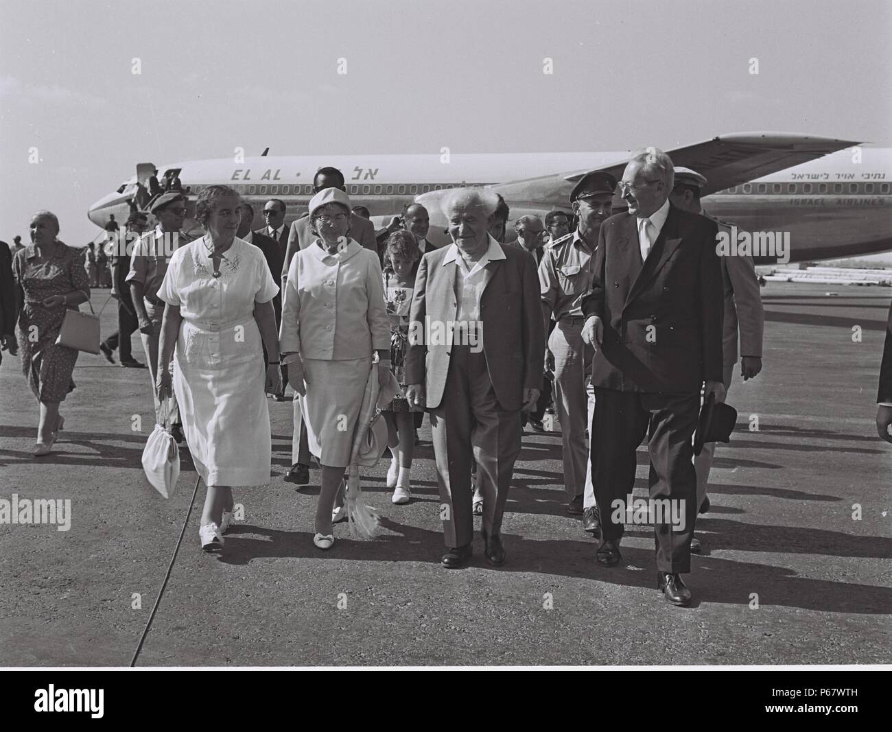 Israeli President Yitzhak Ben-Zvi and his wife are welcomed by Prime ...