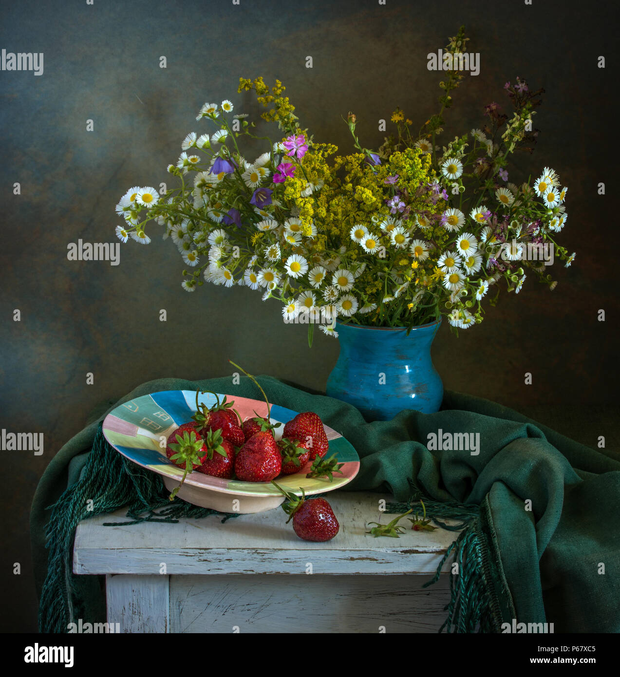 Still-life with flowers and strawberries. Wildflowers. Vintage Stock ...
