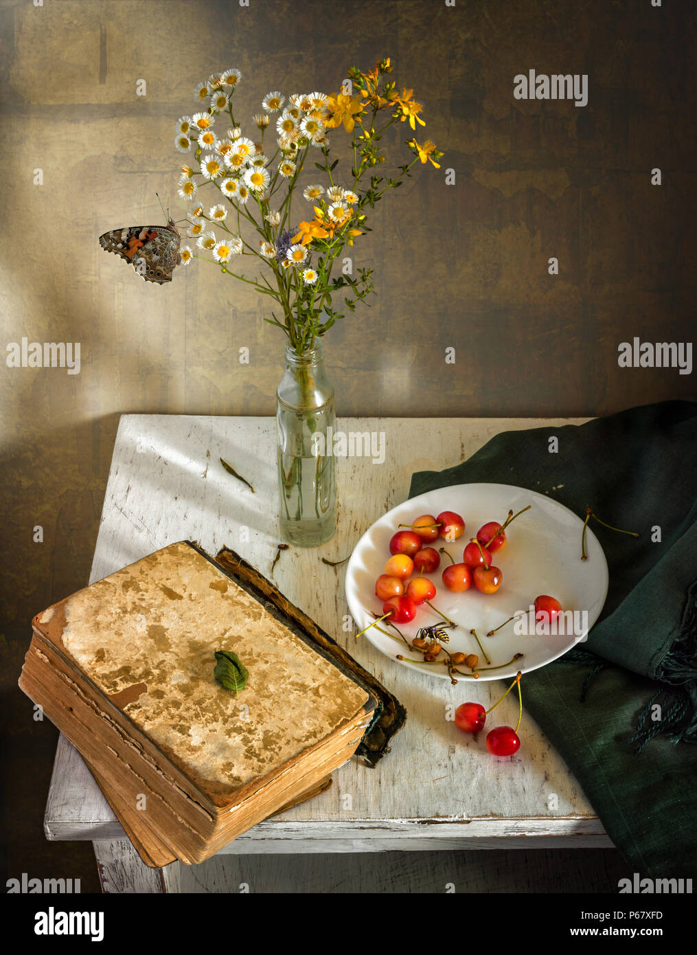 Still-life with flowers, a book, a cherry and a butterfly. Vintage ...