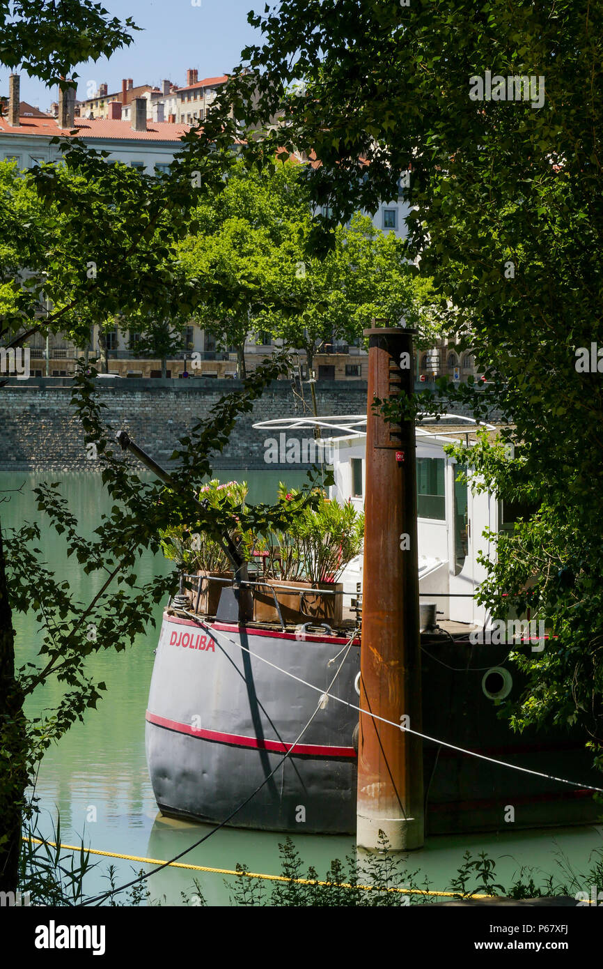 Barge at quay, Lyon, France Stock Photo - Alamy