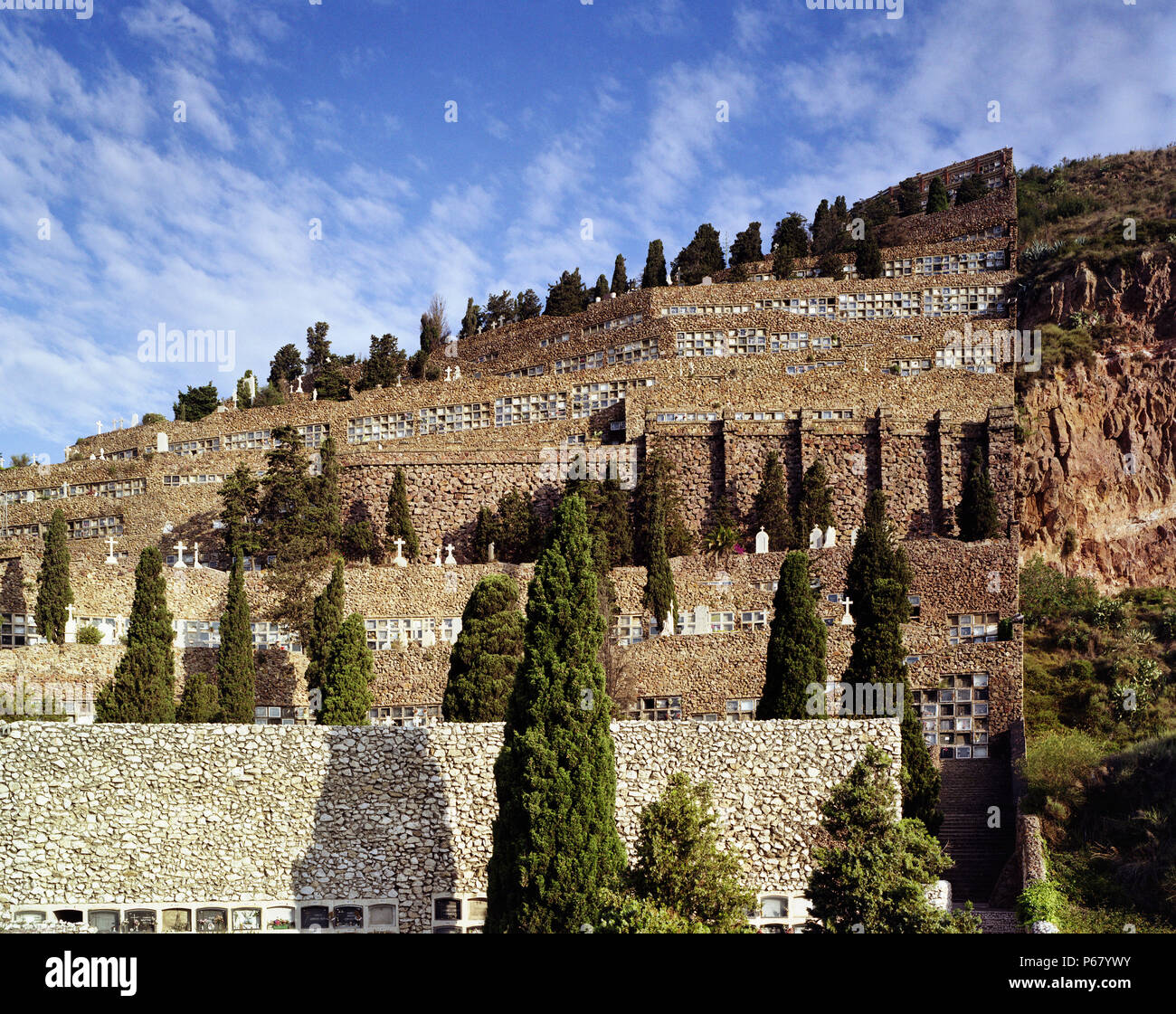 Cemetery in Barcelona on the hills of Montjuik facing the harbour ...