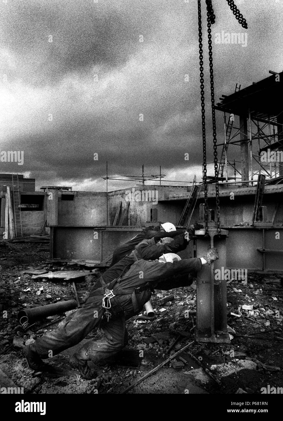 Construction workers on job site Black and White Stock Photos & Images ...