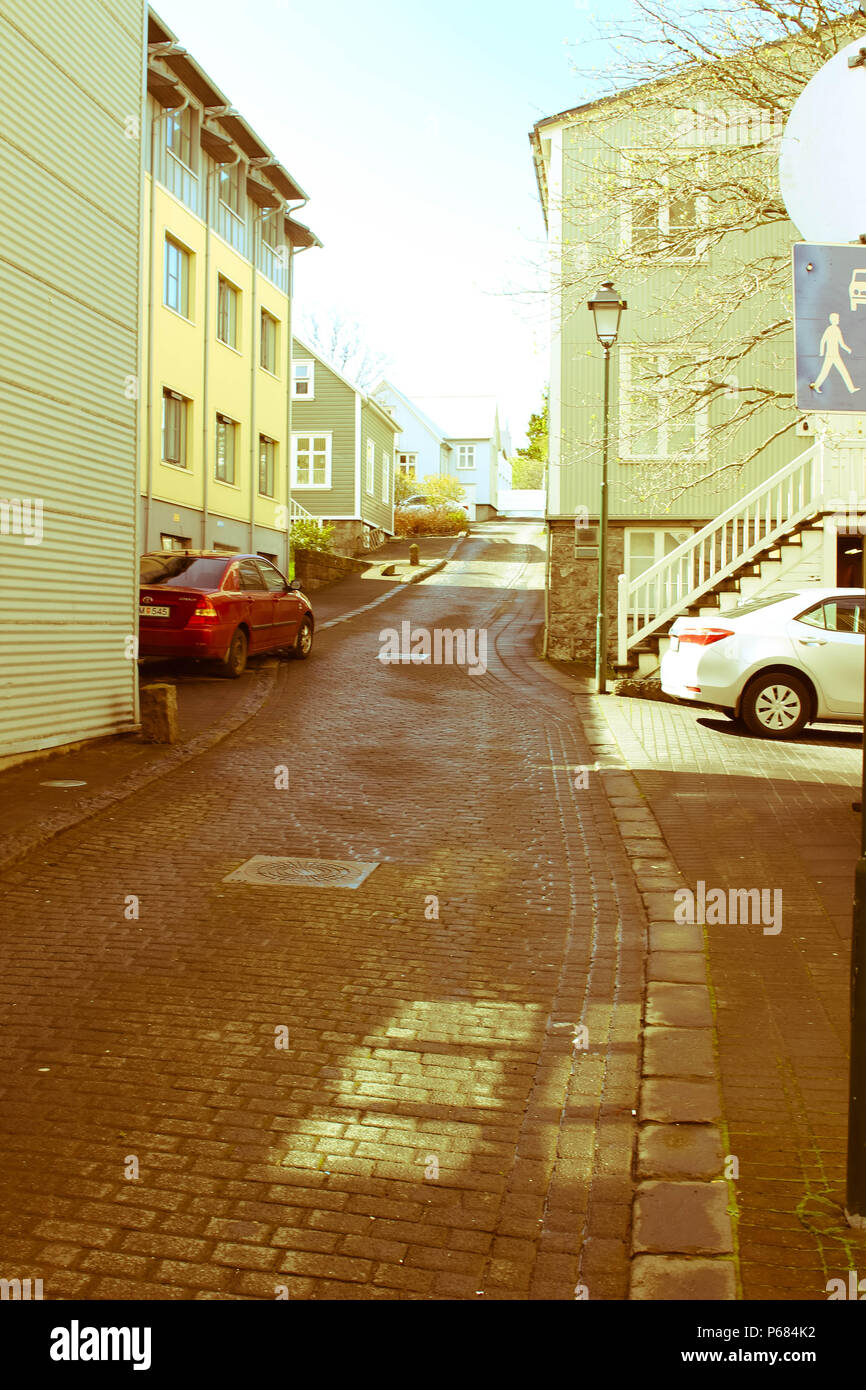 A street in central part of Reykjavik, Iceland with a retro view Stock ...