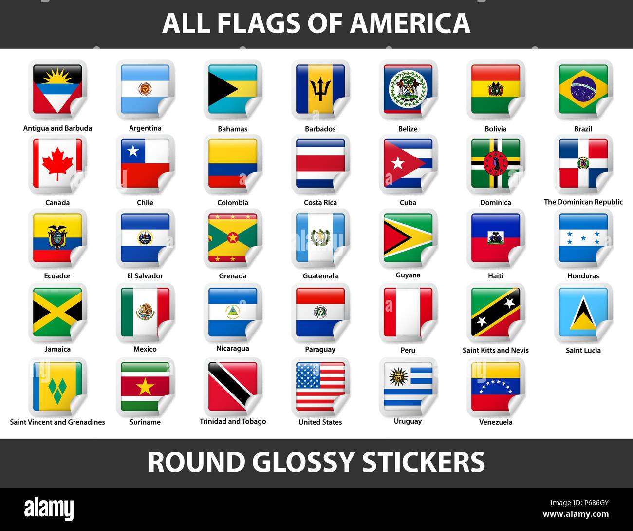 Flags of all countries of American continents. Round Glossy Stickers ...