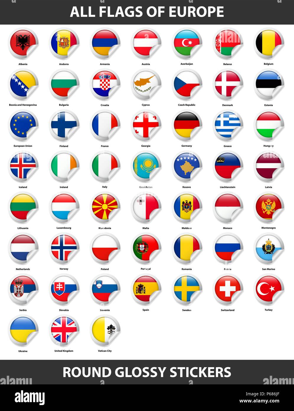Flags of all countries of Europe. Round Glossy Stickers Stock Vector ...