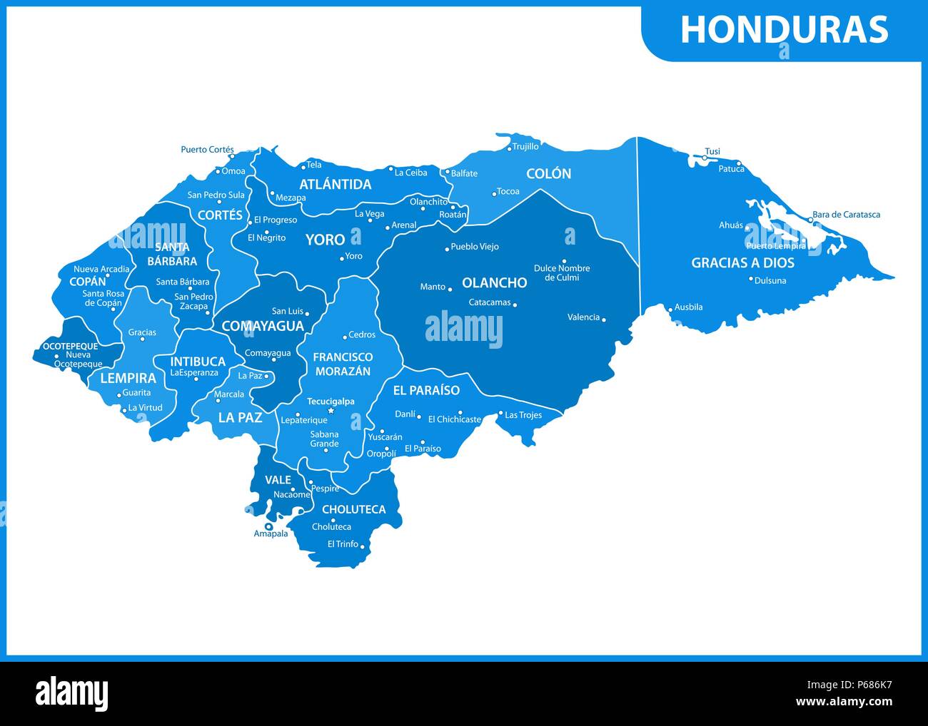 The detailed map of Honduras with regions or states and cities, capital ...