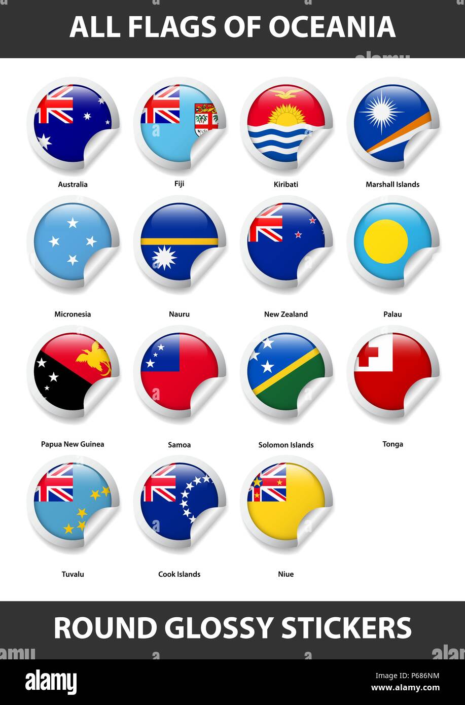 Flags of all countries of Oceania. Round Glossy Stickers Stock Vector ...