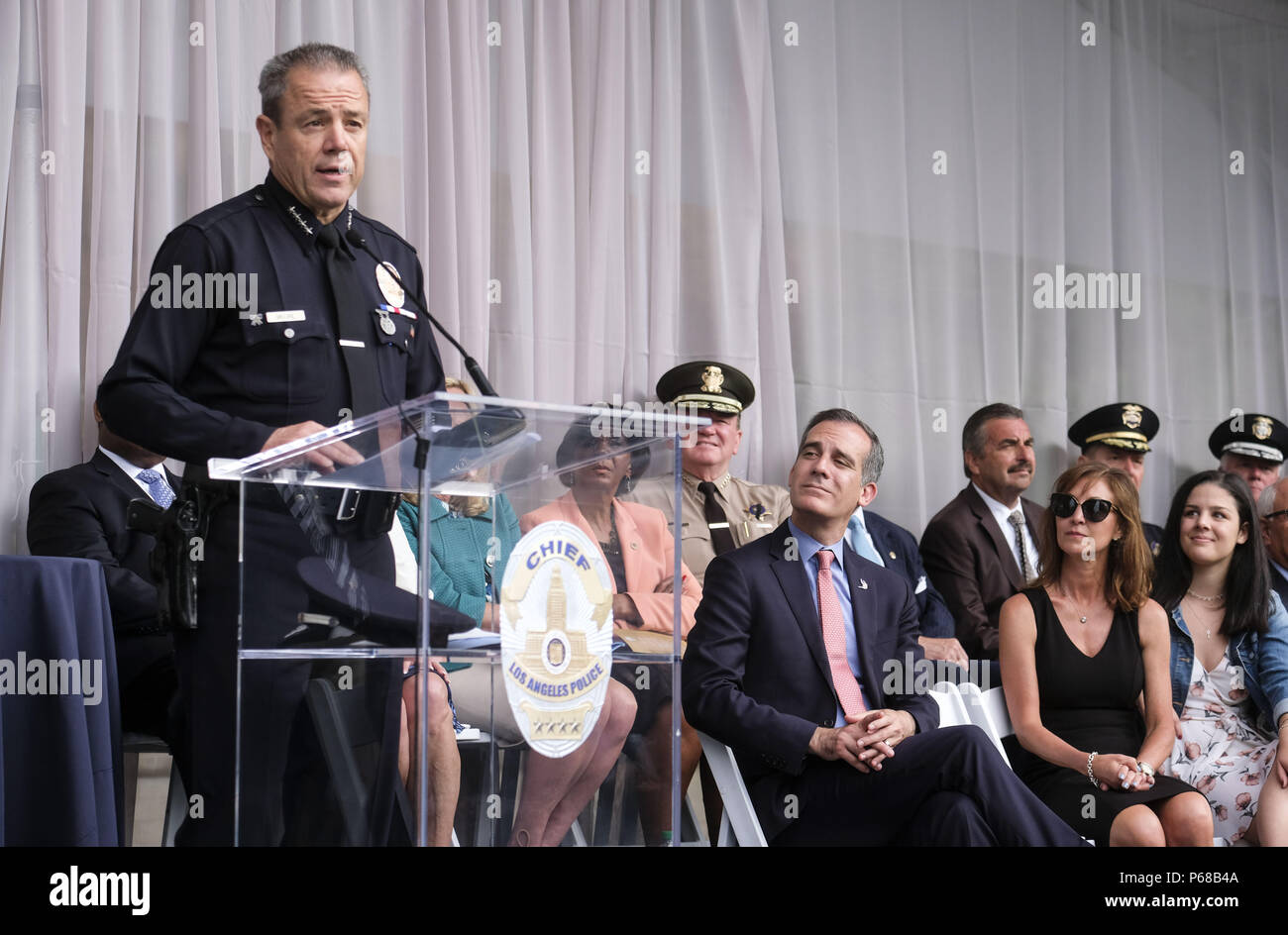 Los Angeles, California, USA. 28th June, 2018. Michel Moore addresses ...