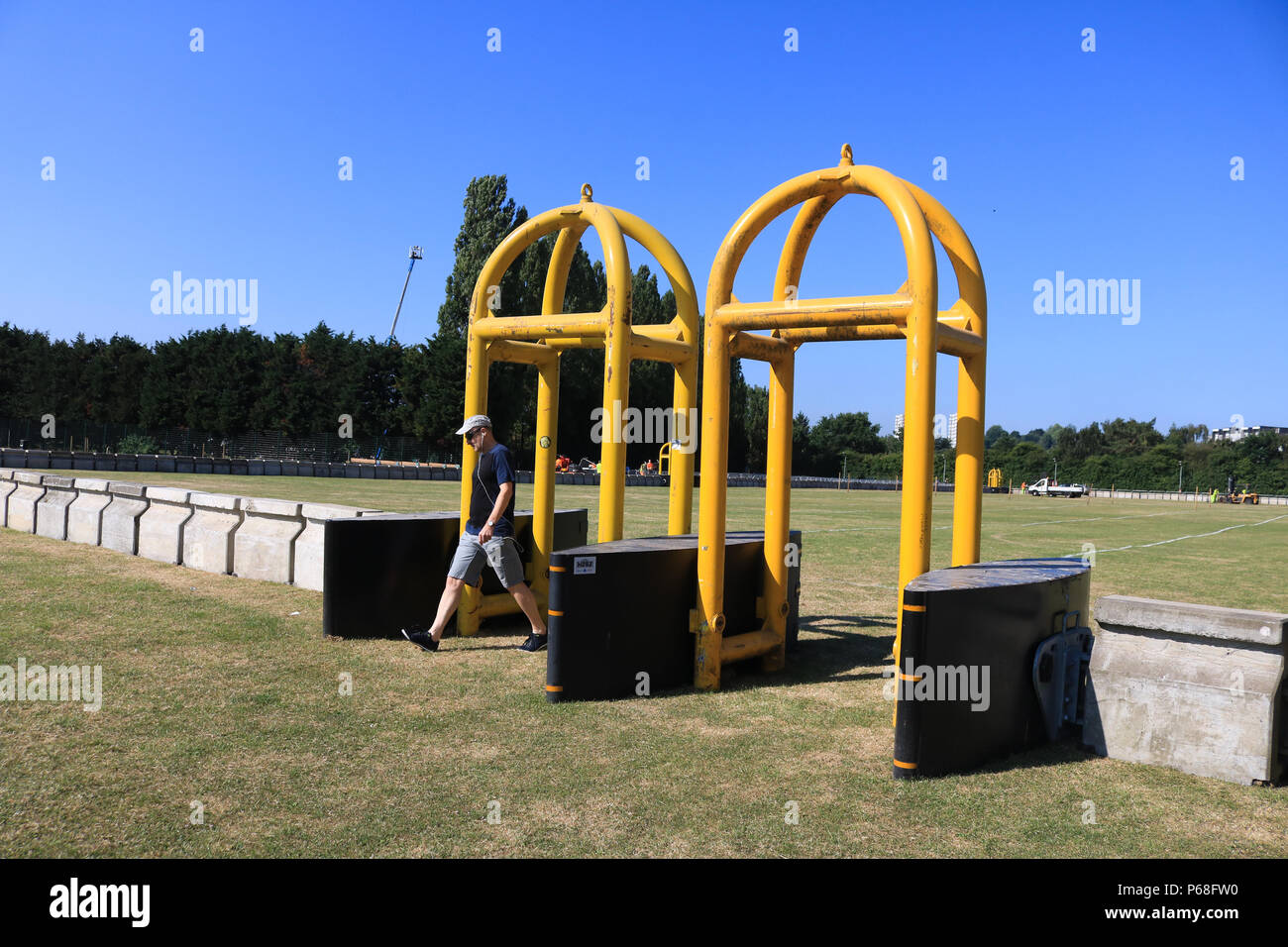 London UK. 29th June 2018. Wimbledon: Concrete barriers and metal gates ...