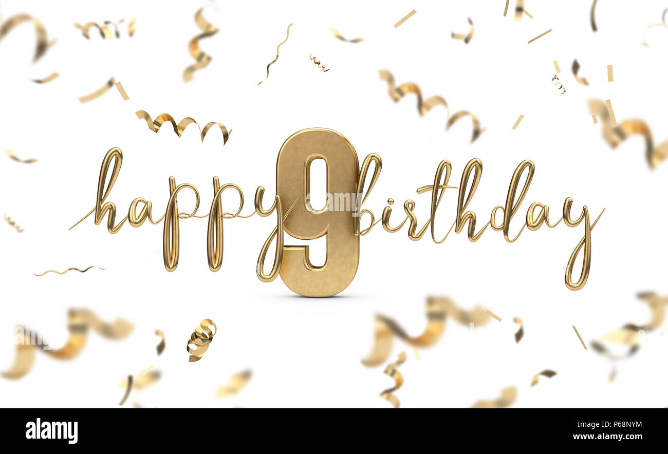 Happy 9th birthday gold greeting background. 3D Rendering Stock Photo ...