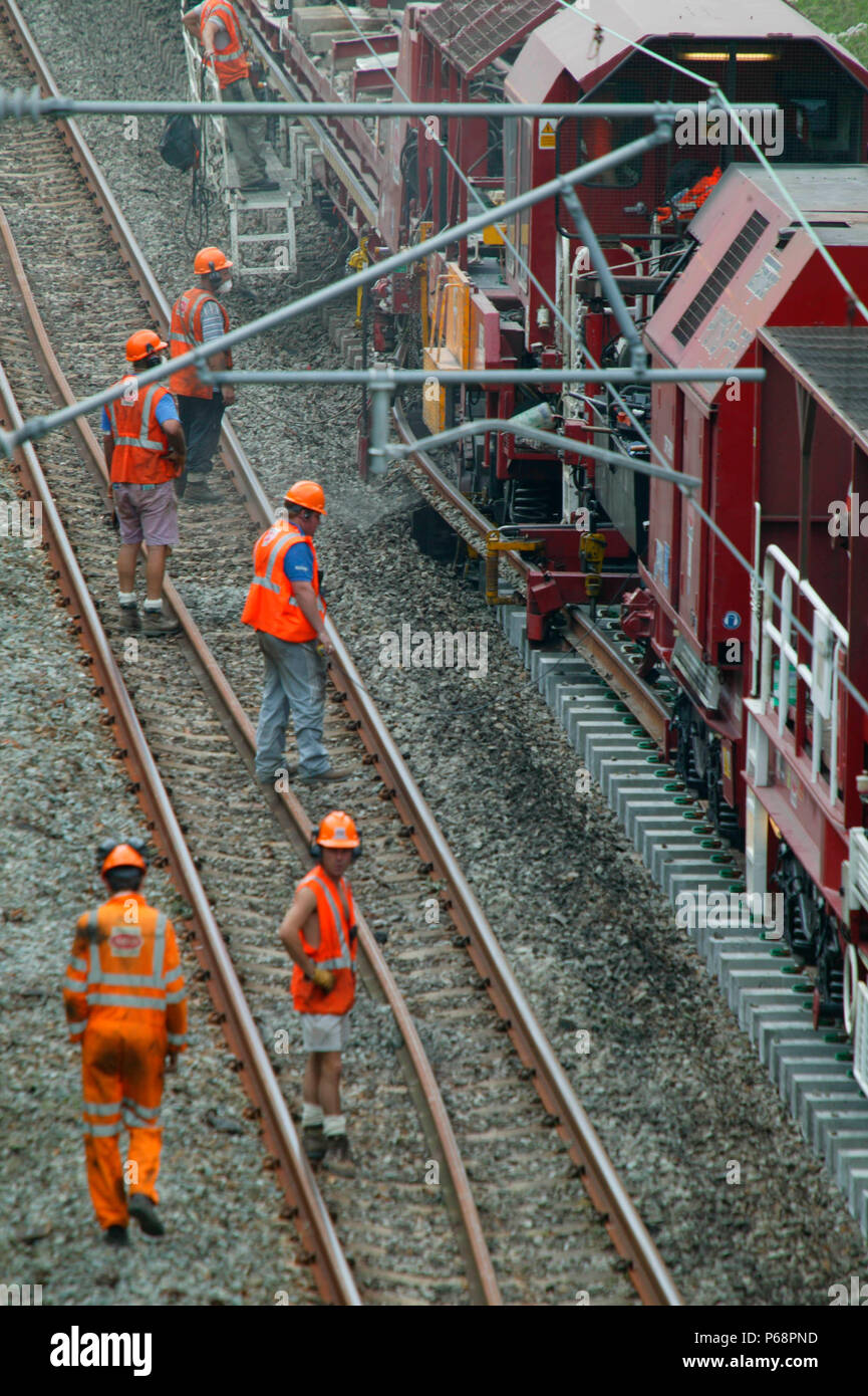 Track relaying machine (TRT) in action near Poynton as part of the West ...