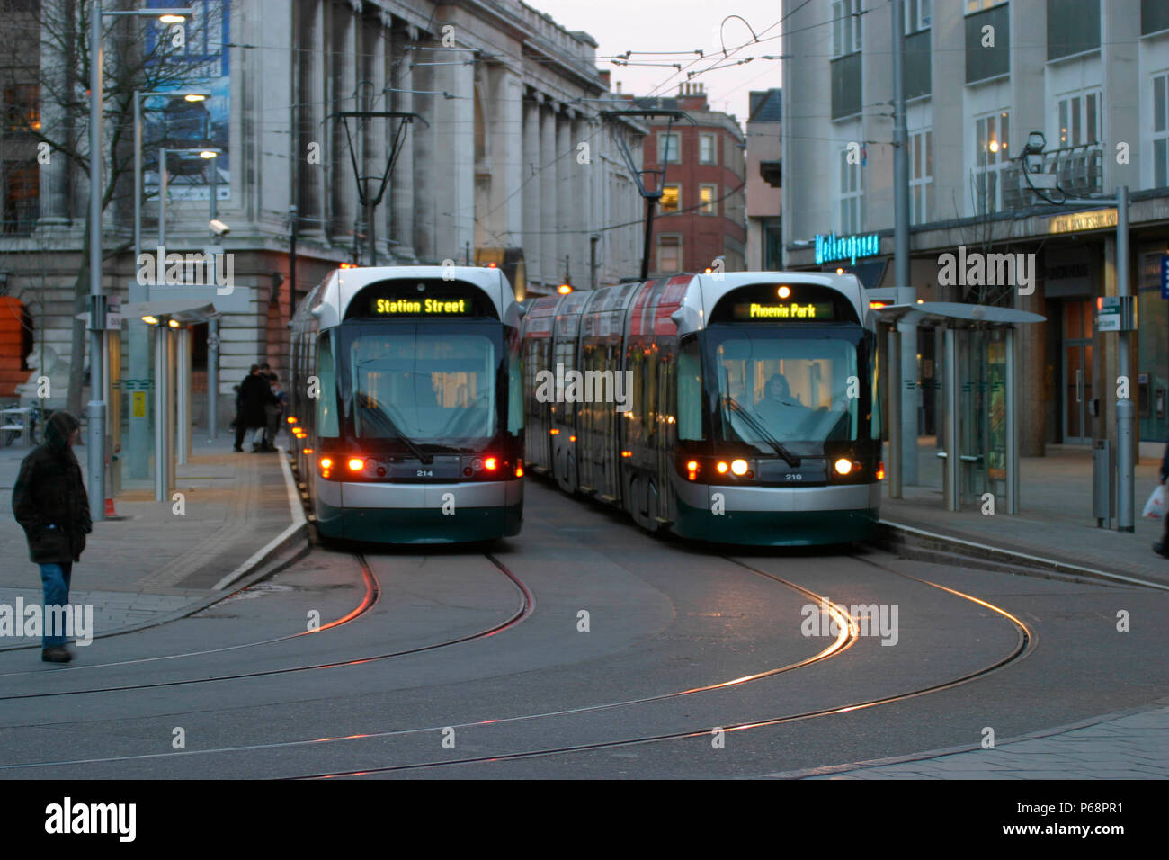 Trams stand in the centre of Nottingham at the start of the new ...