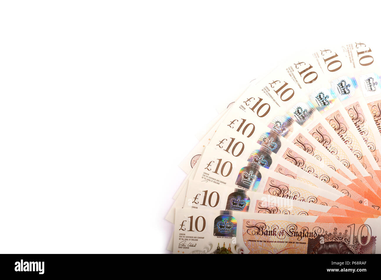 British 10 pounds paper currency note on white background Stock Photo ...