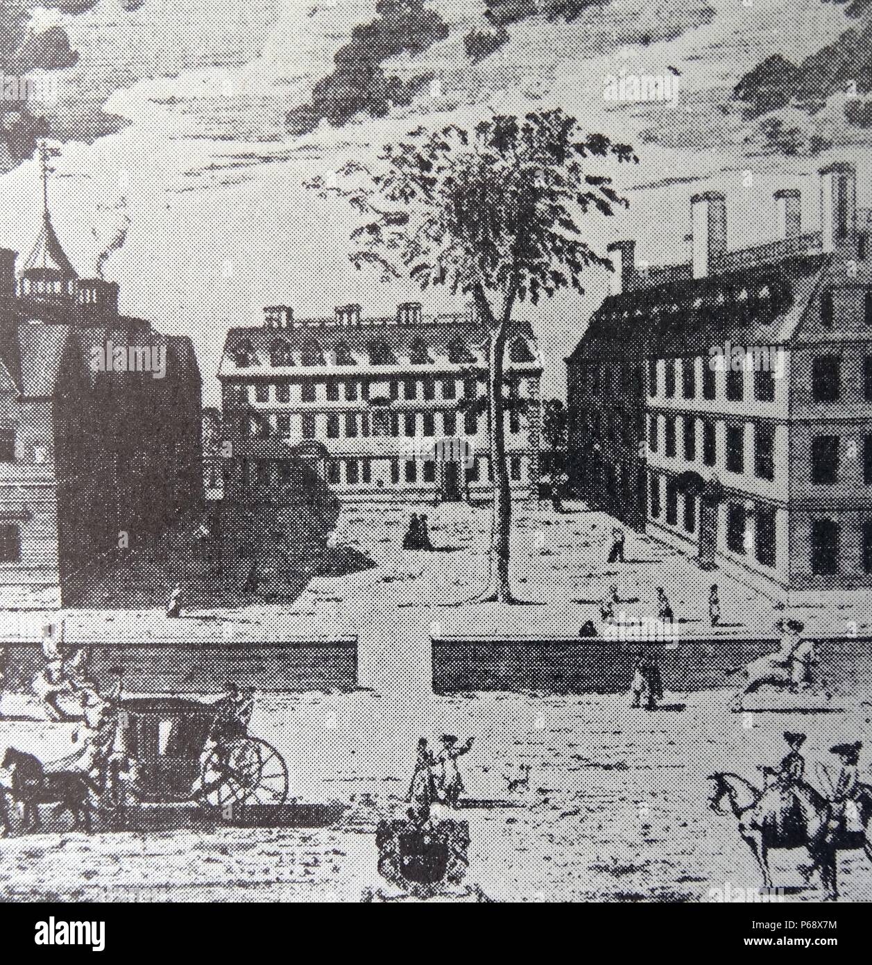 Engraving of the first college in America. Harvard was founded in ...
