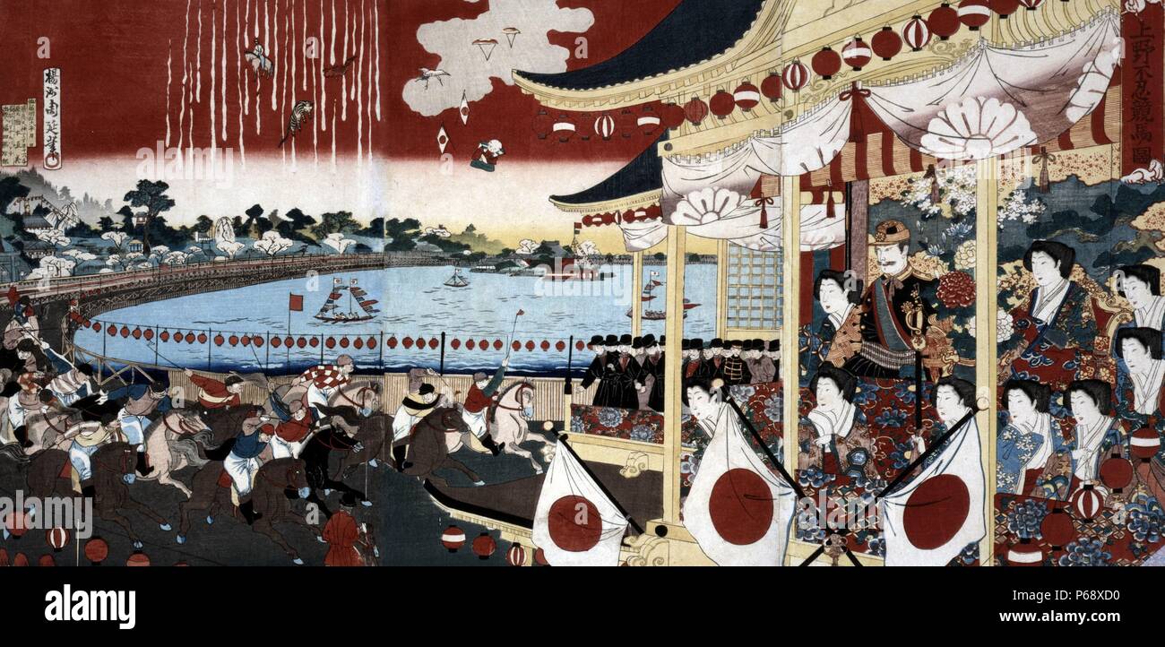Japanese hand coloured woodcut. Image shows the Horse race in Ueno Park ...