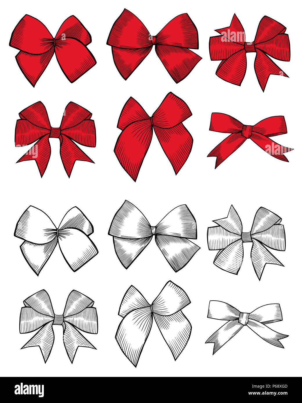 Red Ribbon set. Hand drawn engraving. vintage illustration. Isolated on ...